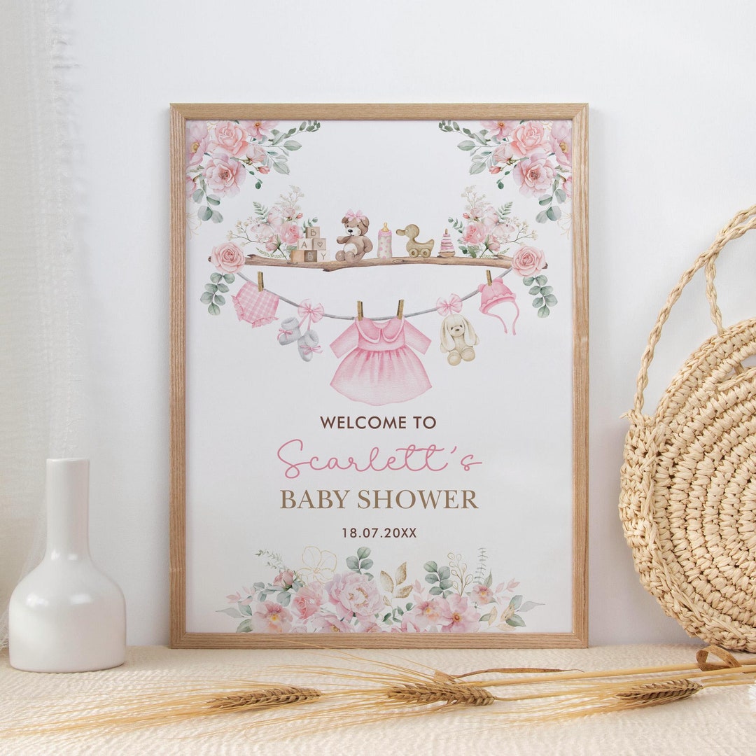 Editable Girl Baby Shower Welcome Sign, Pink Baby Clothes Party ...