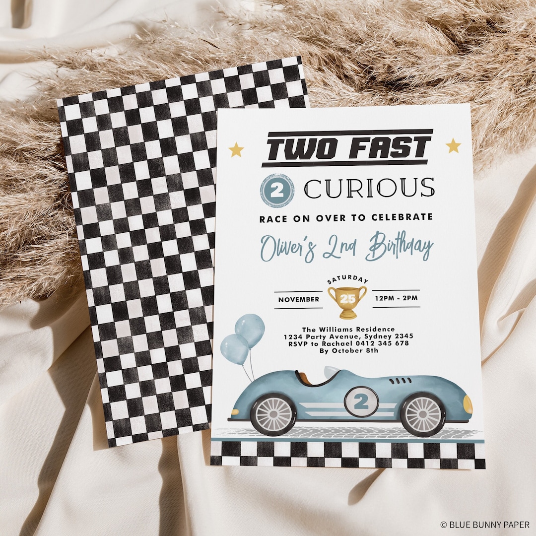 Editable TWO FAST Birthday Invitation Blue Race Car 2nd Birthday Invite ...