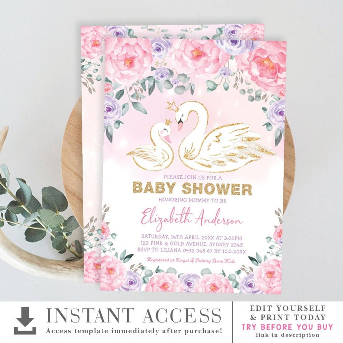 Swan Princess Baby Shower Invitation. Watercolor Pink Purple Floral ...