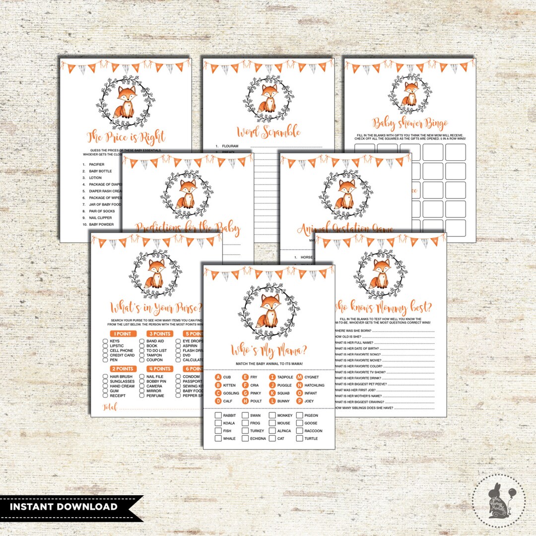 FOX Baby Shower GAMES PACKAGE. 8x Modern Woodland Baby Shower - Etsy