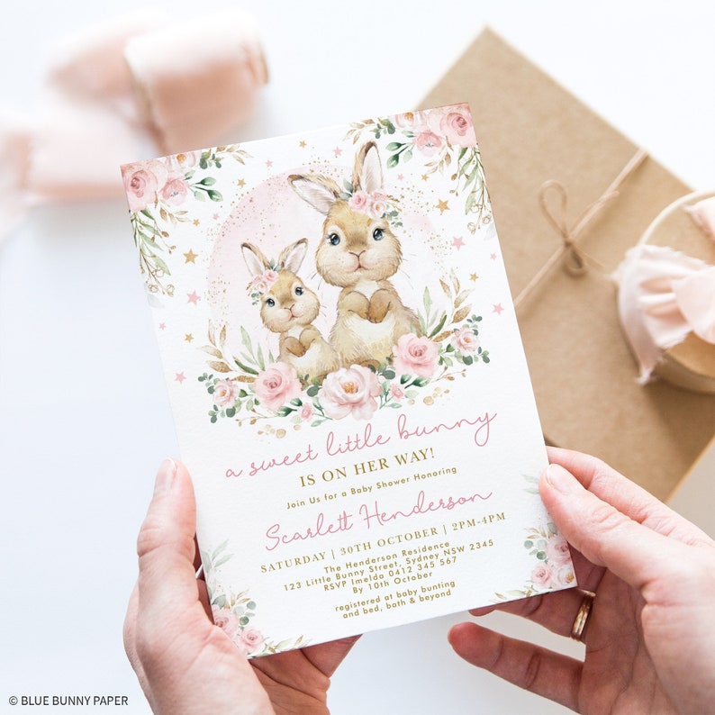 Pink Floral Bunny Baby Shower Invitation EDITABLE Baby Girl - Etsy