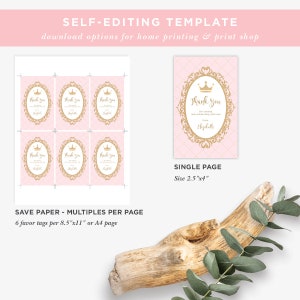 Crown Princess Favor Tag Template, Pink Gold Royal Baby Shower Thank ...