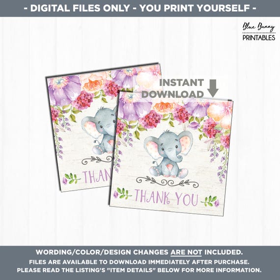 Floral Elephant Favor Tags. Purple Watercolor Flower Baby Shower Gift ...