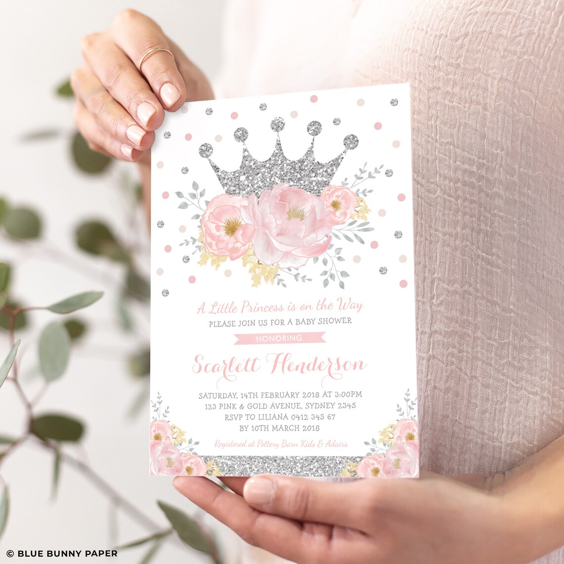 EDITABLE Crown Princess Baby Shower Invitation, Silver Blush Pink ...