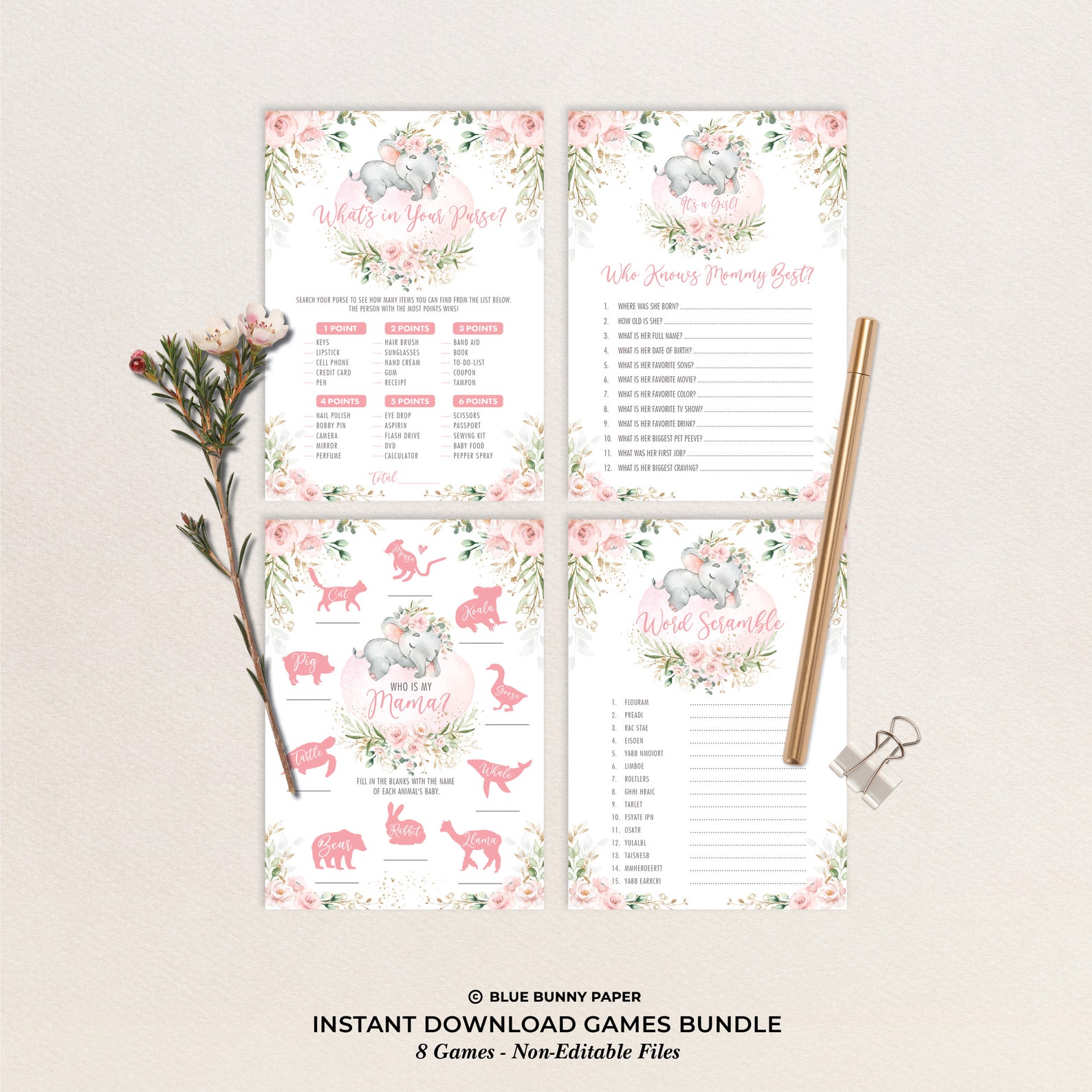 8 Elephant Baby Shower Games, Blush Pink Floral Games Bundle Download ...