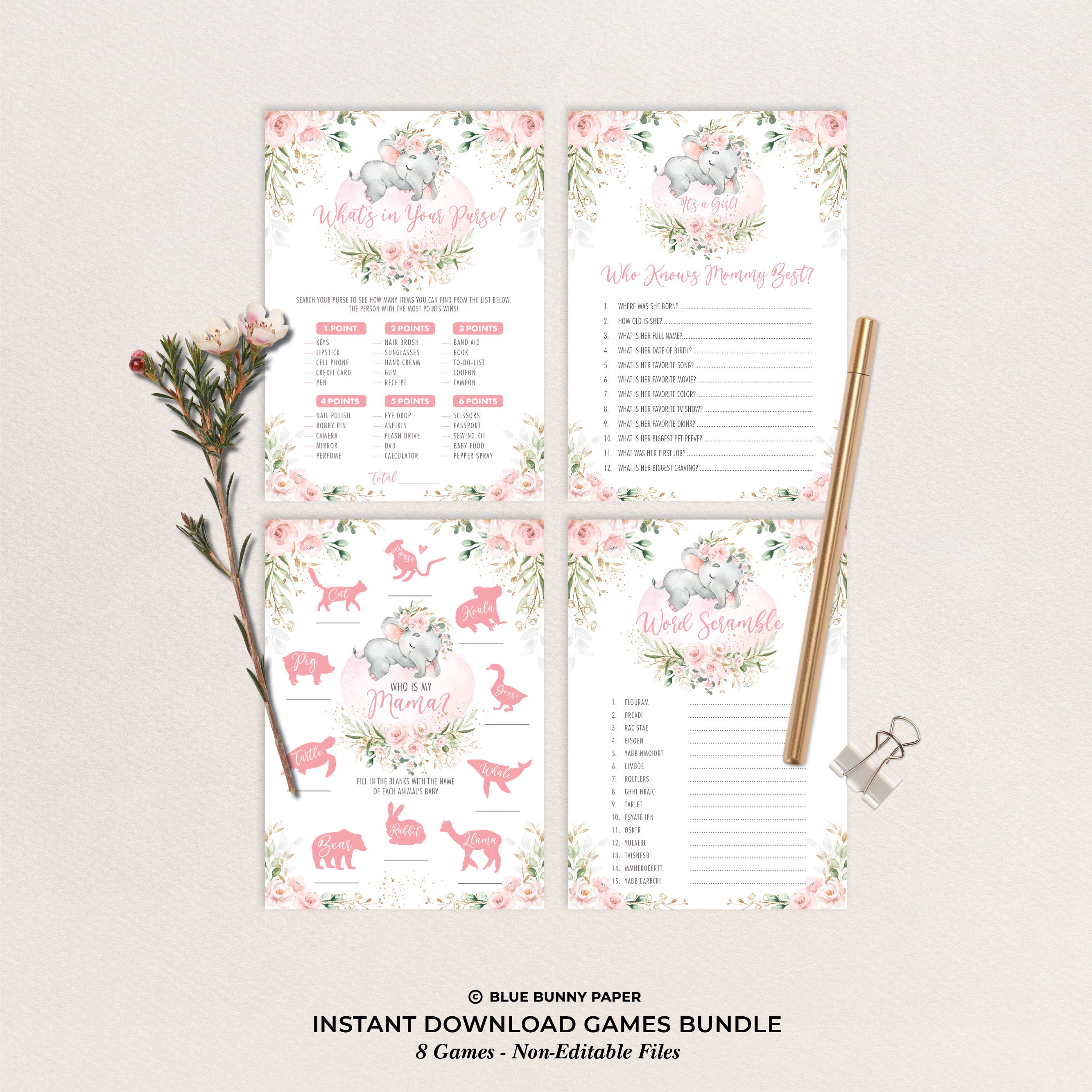 8 Elephant Baby Shower Games Blush Pink Floral Games Bundle - Etsy