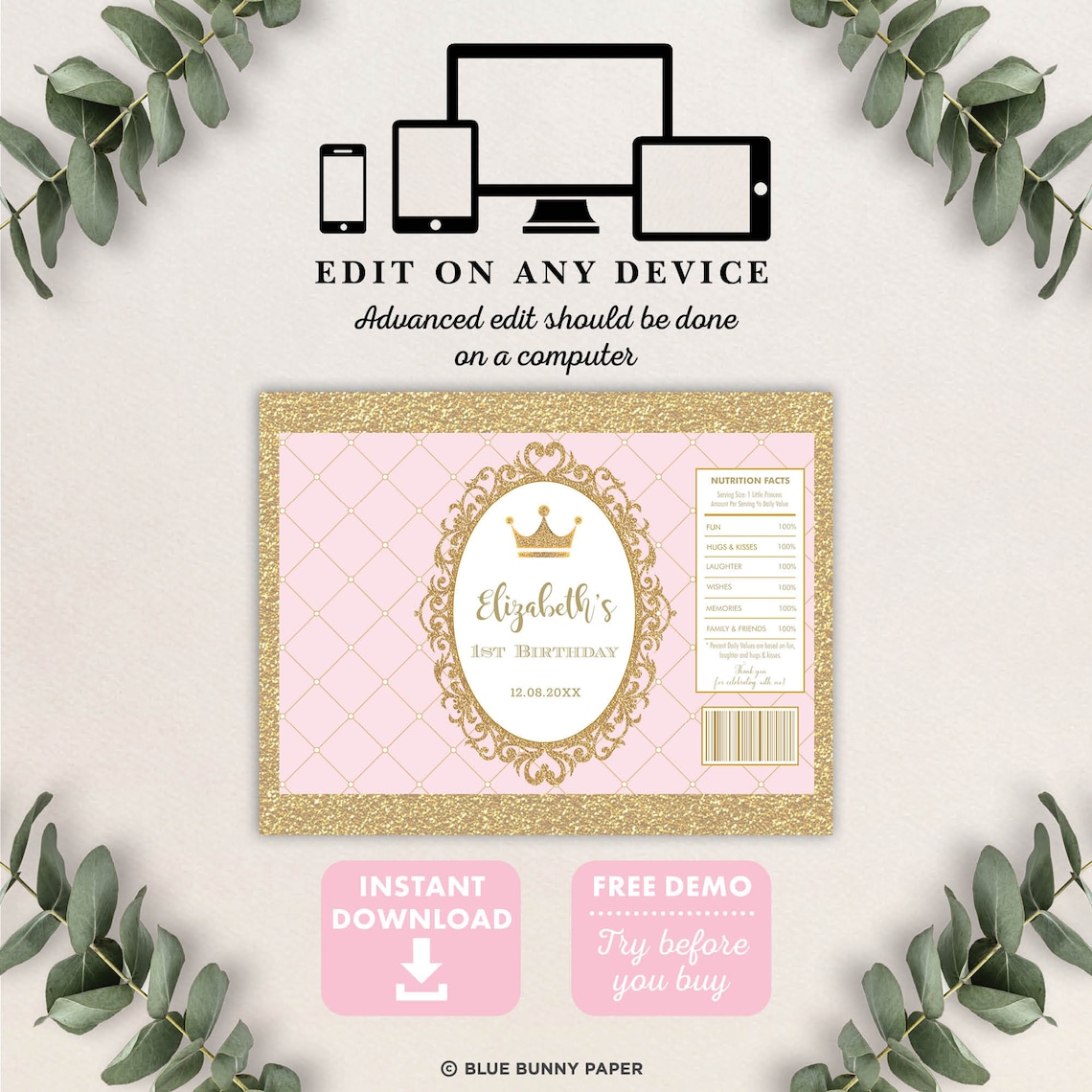 Editable Princess Chip Bag Template, Pink Gold Royal Crown Birthday ...
