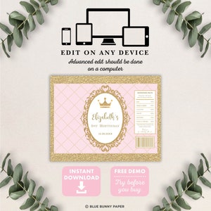 Editable Princess Chip Bag Template, Pink Gold Royal Crown Birthday ...