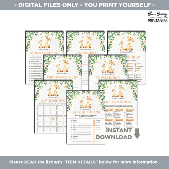 GIRAFFE Baby Shower GAMES PACKAGE. 8x Yellow Floral Baby Jungle ...