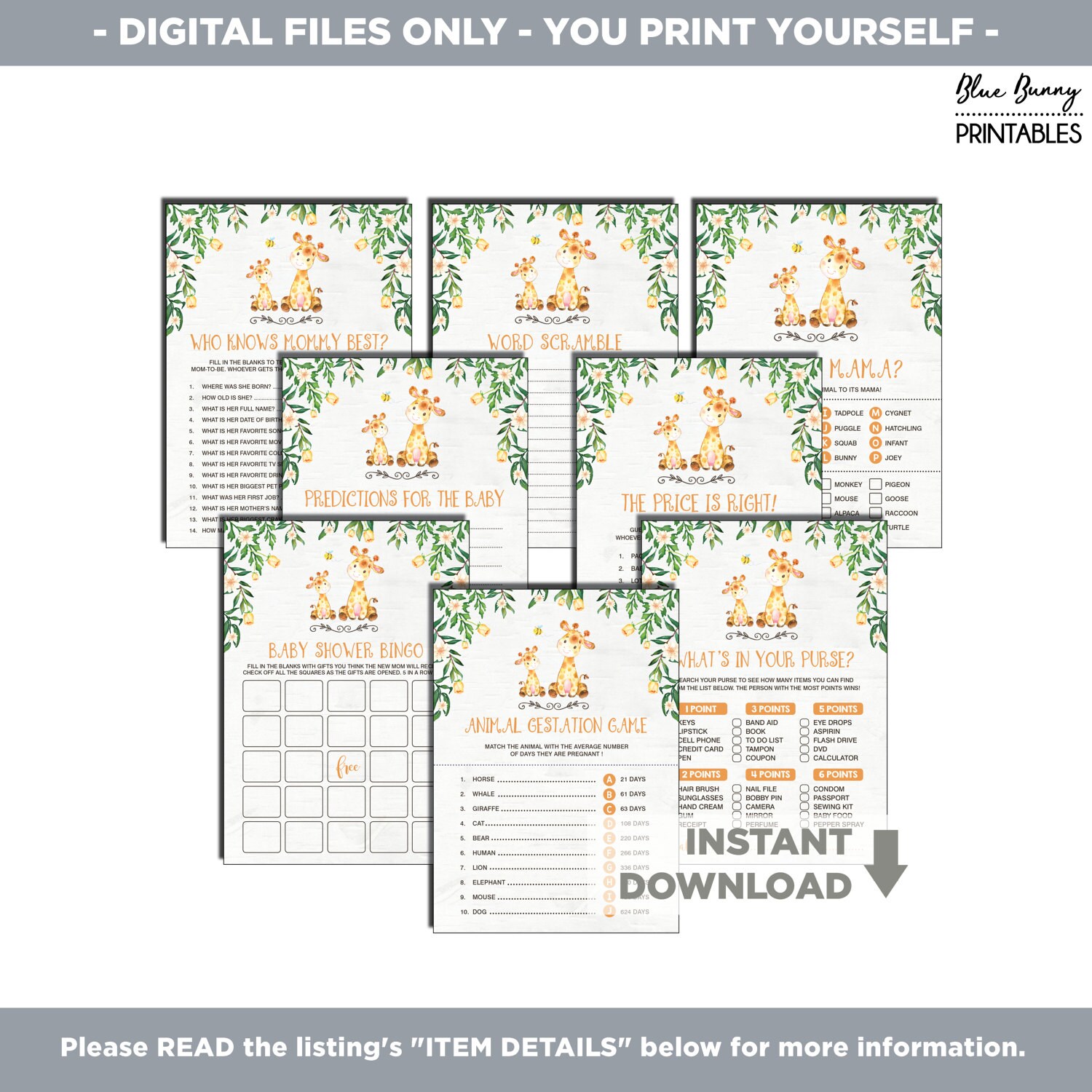 GIRAFFE Baby Shower GAMES PACKAGE. 8x Yellow Floral Baby | Etsy