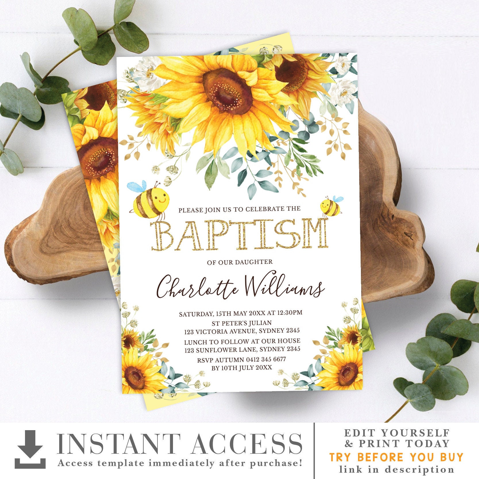 EDITABLE Sunflower Baptism Invitation Template. Bumble Bee | Etsy