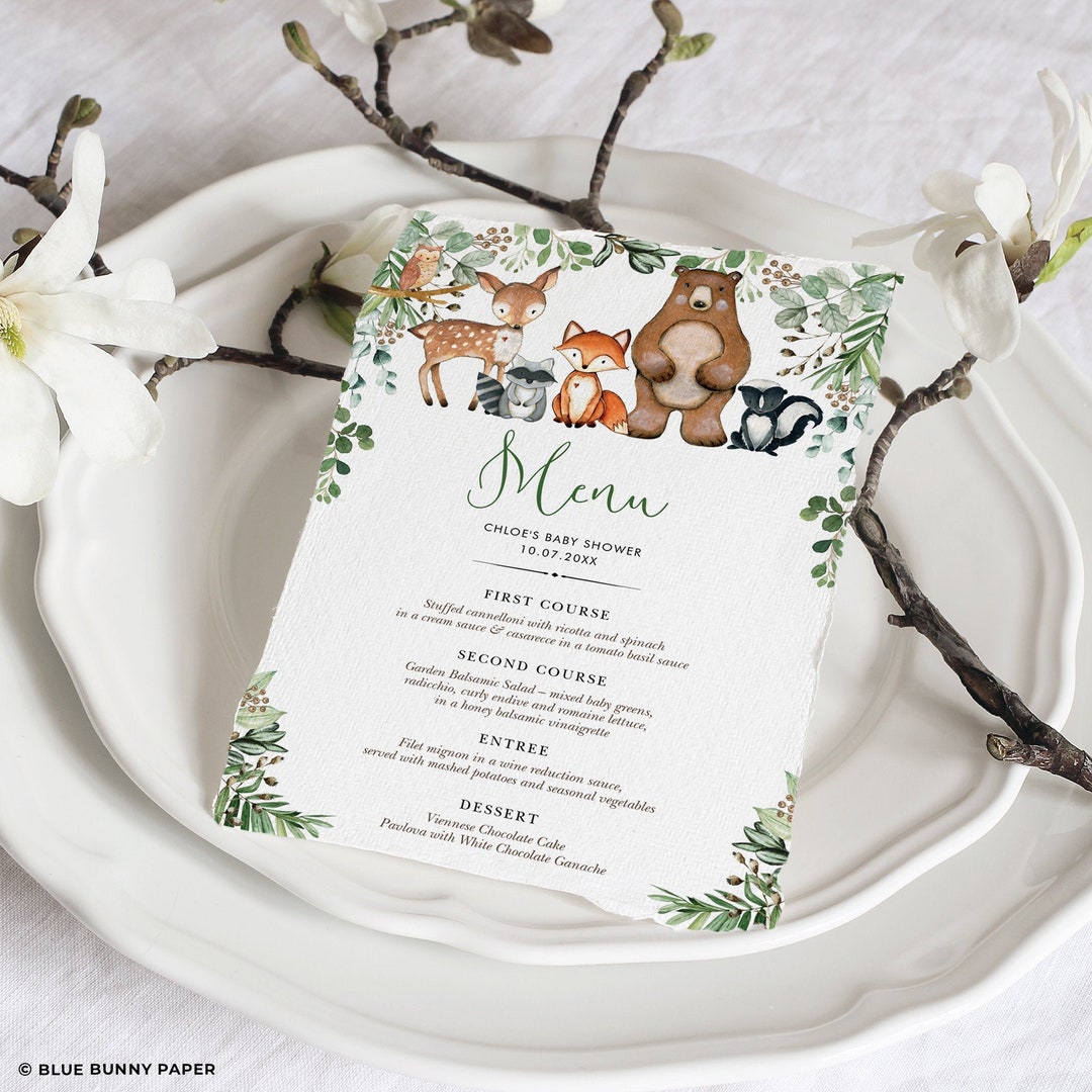 EDITABLE Woodland Menu Template. Greenery Forest Animals Printable Menu ...