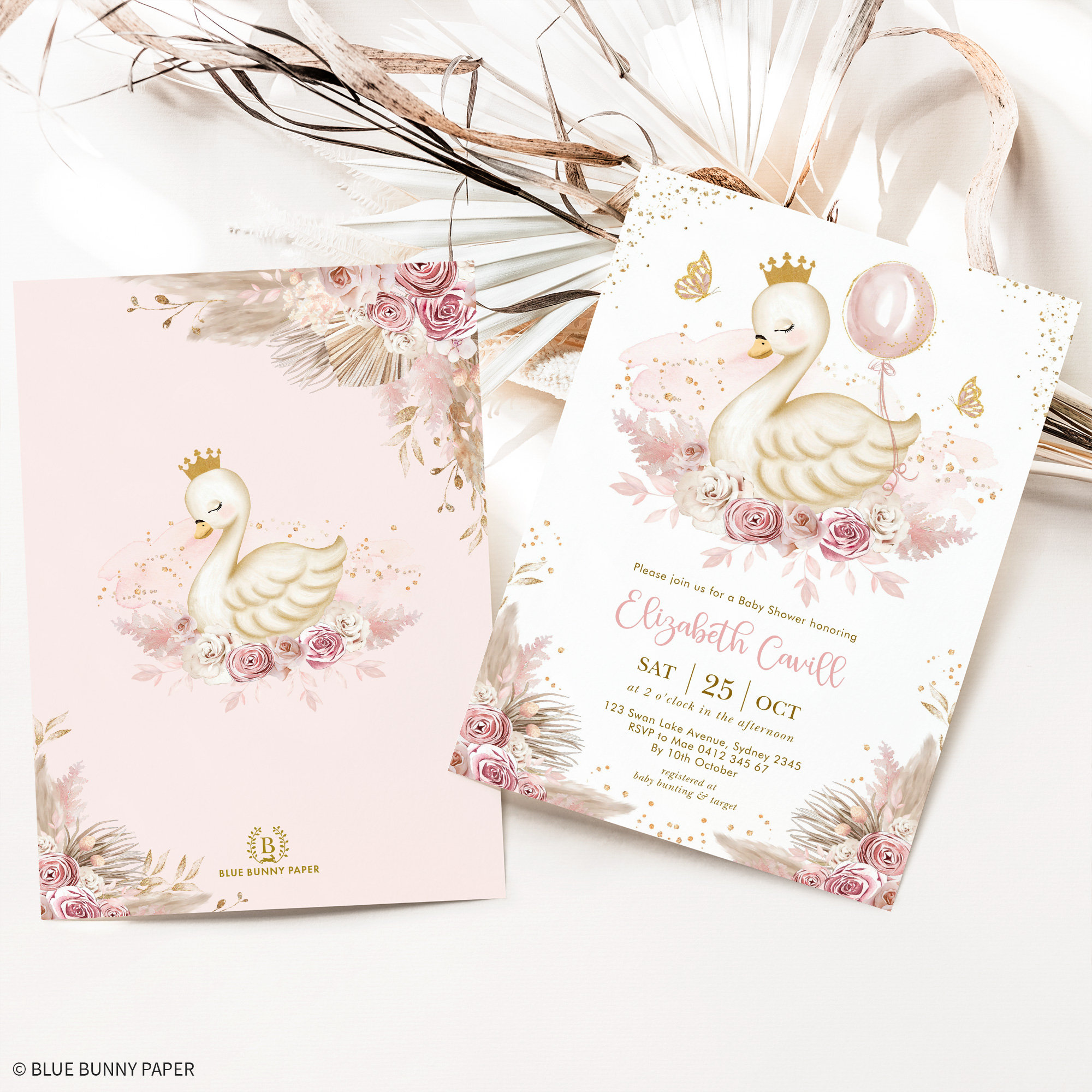Boho Swan Princess Baby Shower Invitation Template Pink Gold Swan With ...