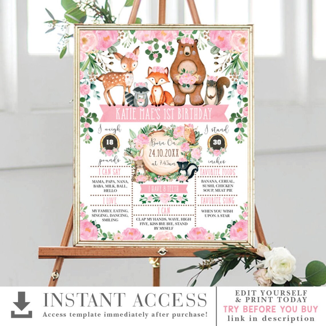 Pink Floral Woodland Birthday Milestone Poster. Girl Forest | Etsy