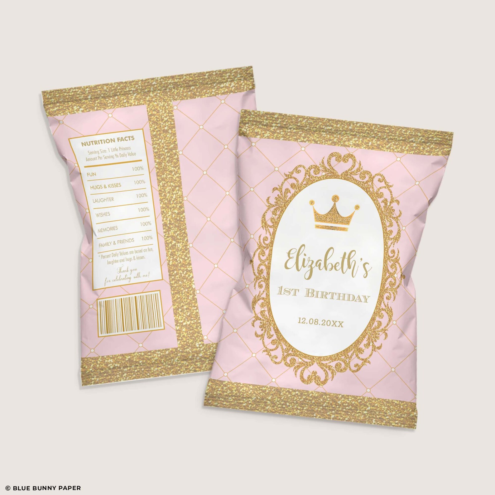 Editable Princess Chip Bag Template, Pink Gold Royal Crown Birthday ...