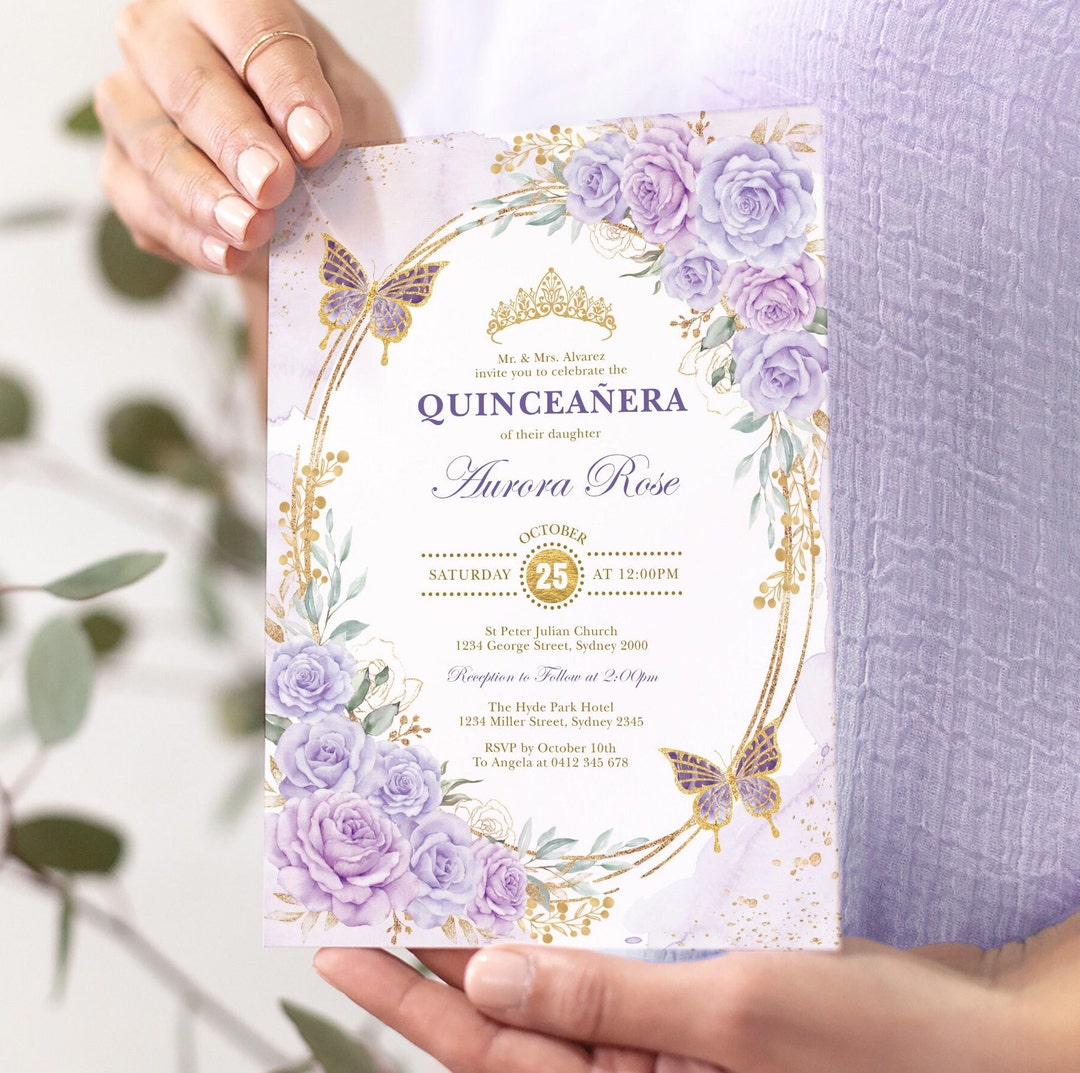 Lilac Gold Quinceanera Invitation Template Purple Lavender Floral Mis ...