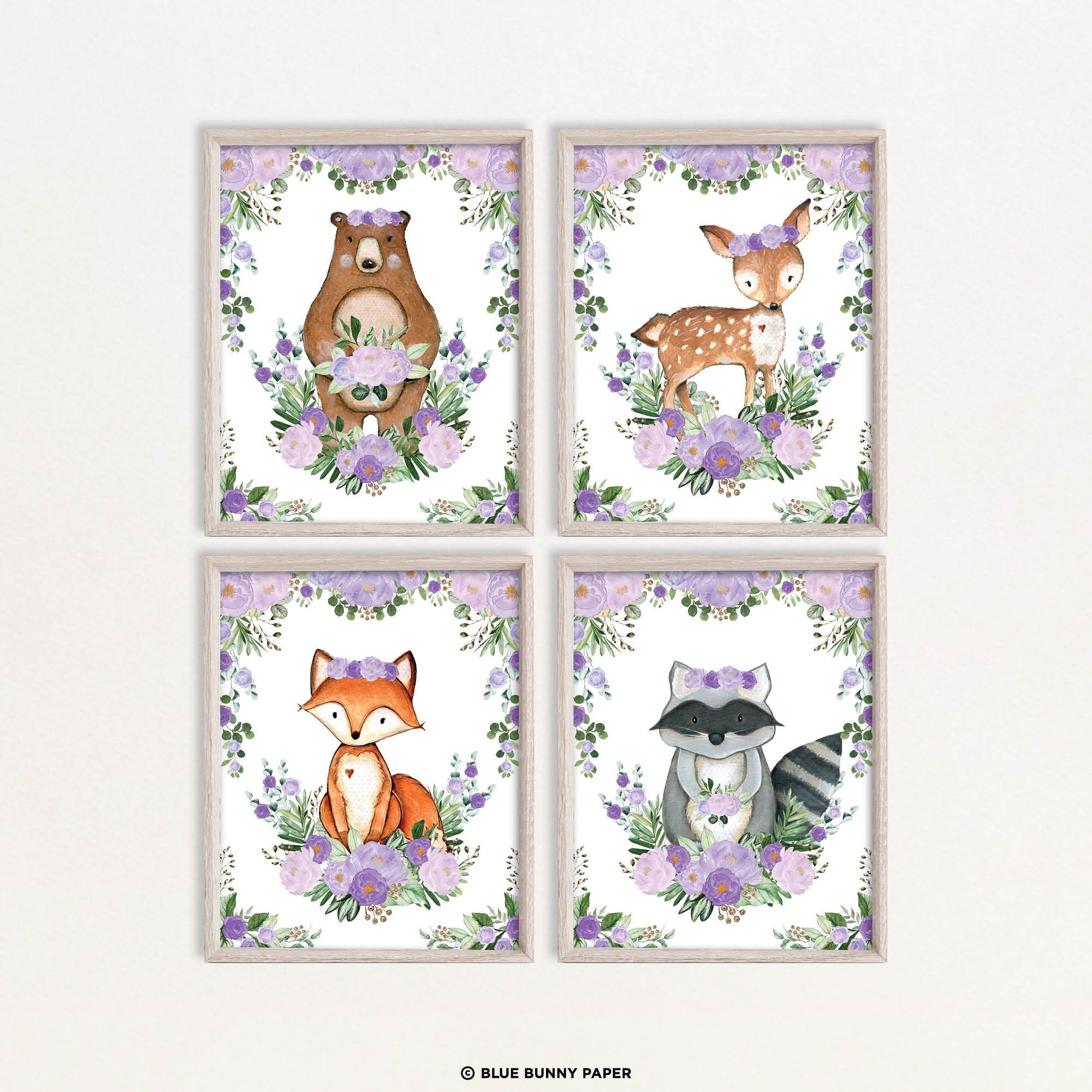 4x Girl Woodland Animals Printable Signs, Purple Floral Forest Nursery ...