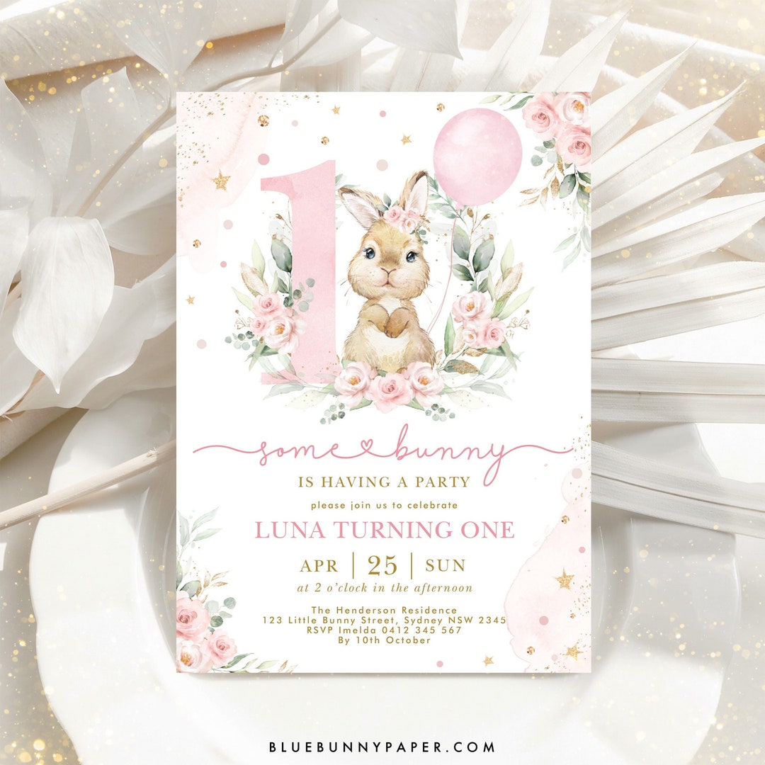 Girl Bunny 1st Birthday Invitation EDITABLE Pink Floral Balloon Rabbit ...