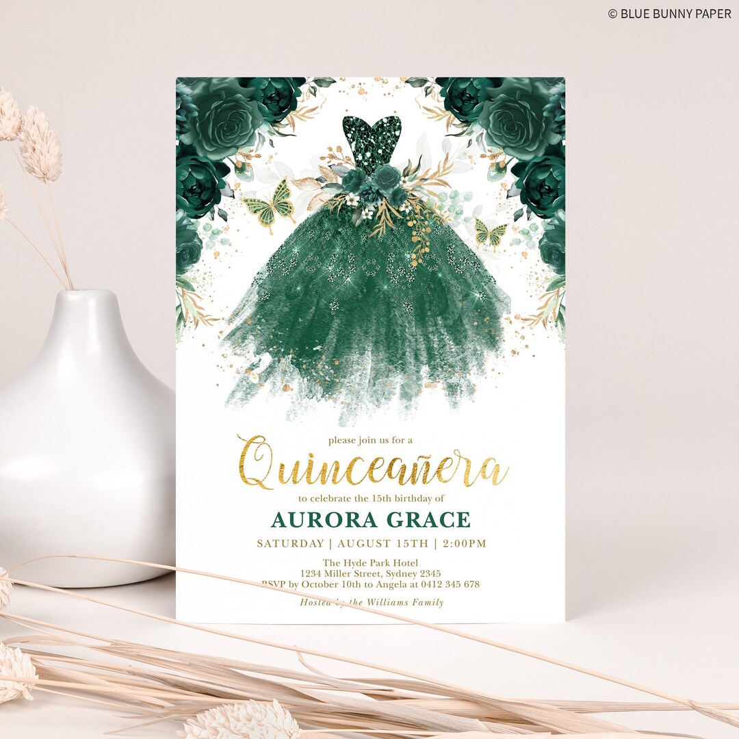 Emerald Green Quinceañera Dress Invitation, Princess Ball Gown Mis ...