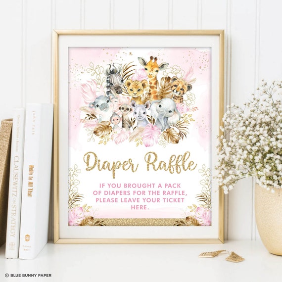 Girl Jungle Diaper Raffle Sign, Blush Gold Safari Baby Shower Printable ...