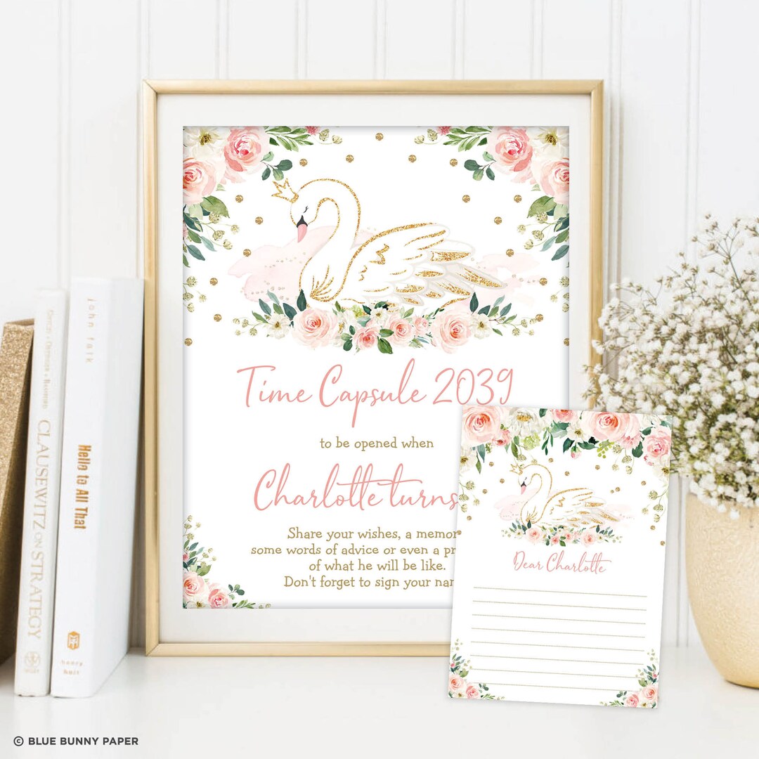 EDITABLE Swan Time Capsule, Blush Pink Floral 1st Birthday Sign, Pink ...