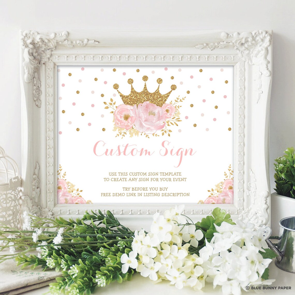 EDITABLE Princess Party Sign Template Blush Gold Floral Baby - Etsy
