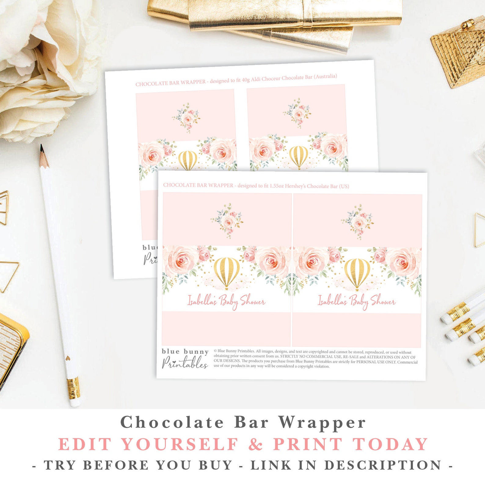 EDITABLE Hot Air Balloon Chocolate Bar Wrapper. Blush Gold - Etsy