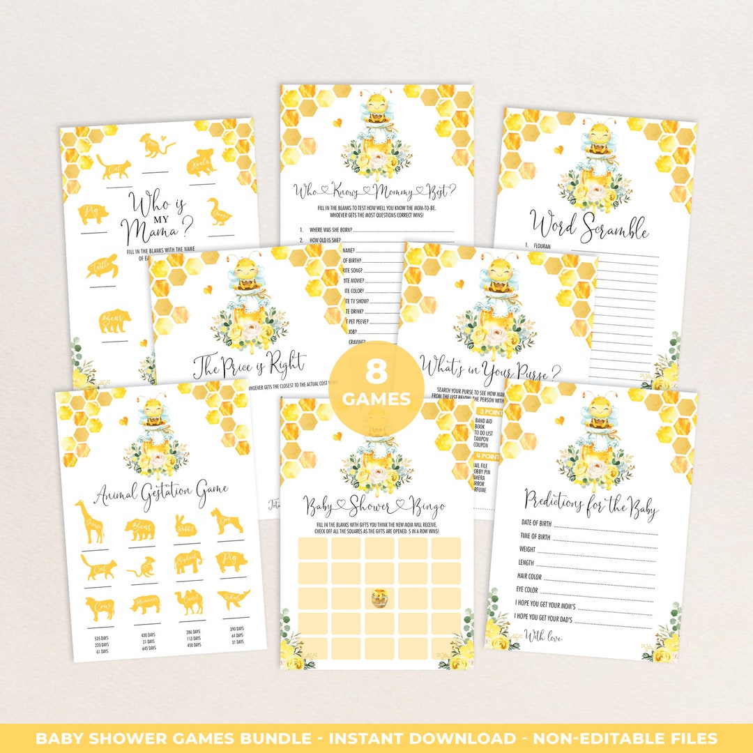 Bee Baby Shower Games, 8x Bumblebee Honeycomb Printable Games Bundle ...