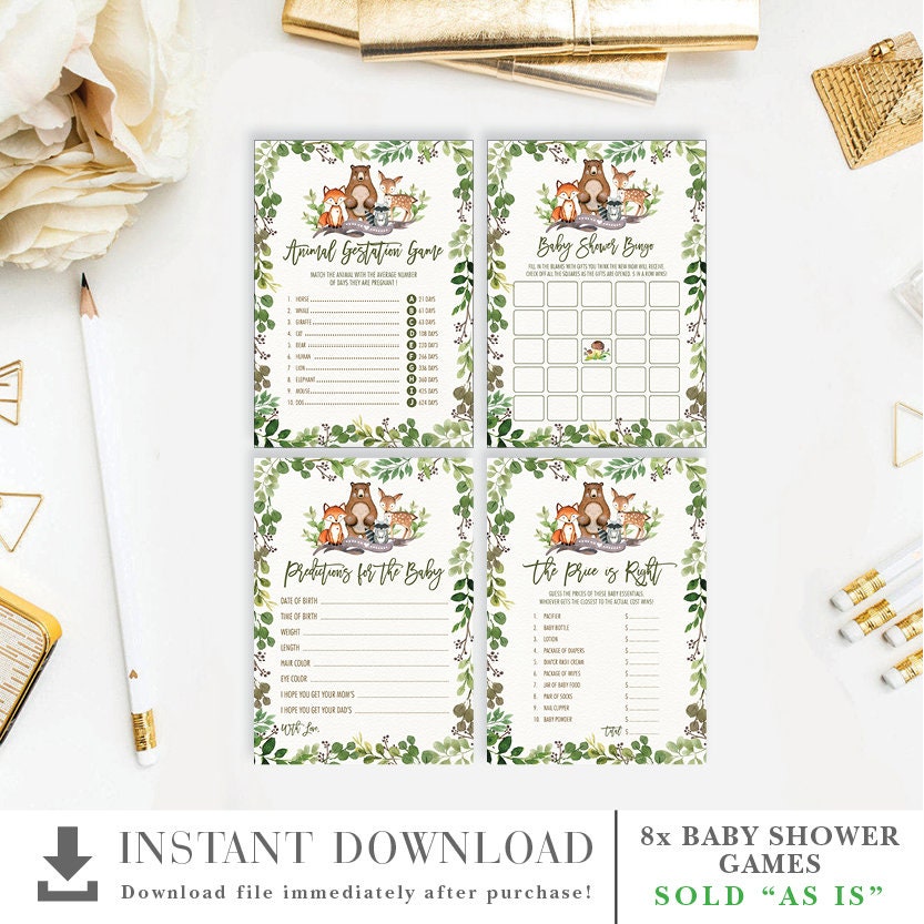 Cute Woodland Animals Baby Shower Games Package. Greenery Forest ...