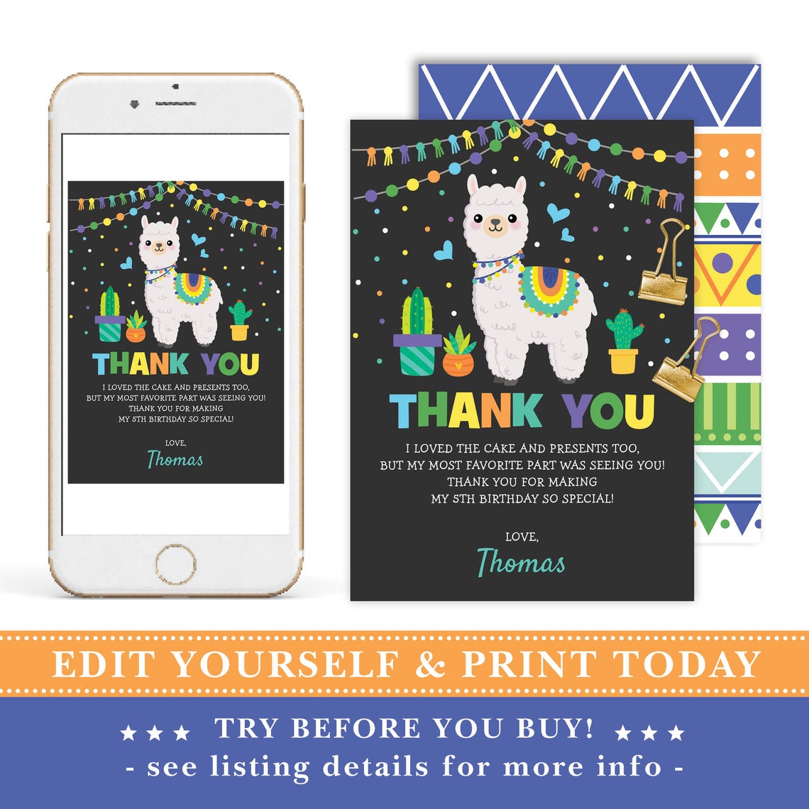 EDITABLE Llama Birthday Thank You Card Template Boy Alpaca - Etsy
