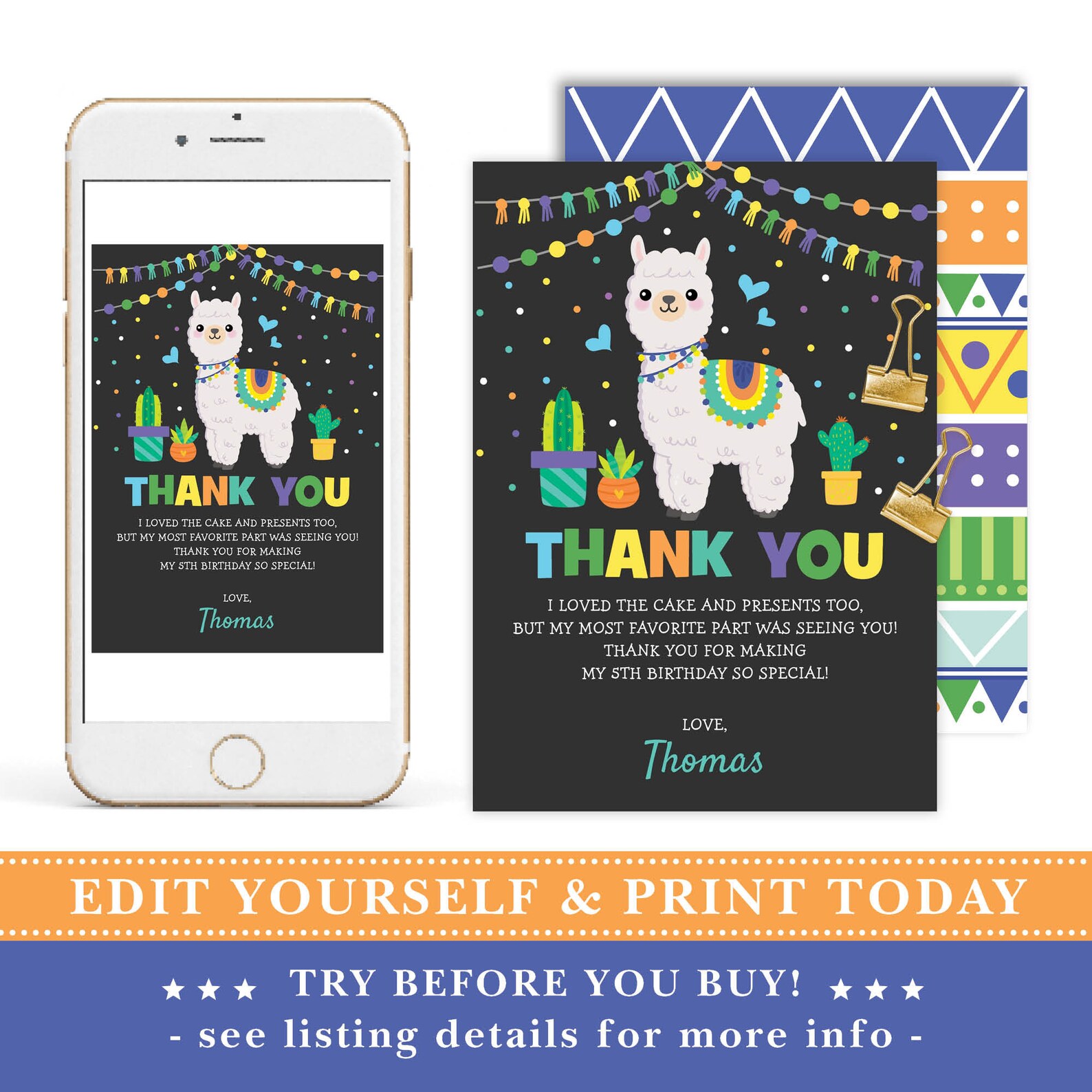 EDITABLE Llama Birthday Thank You Card Template Boy Alpaca - Etsy