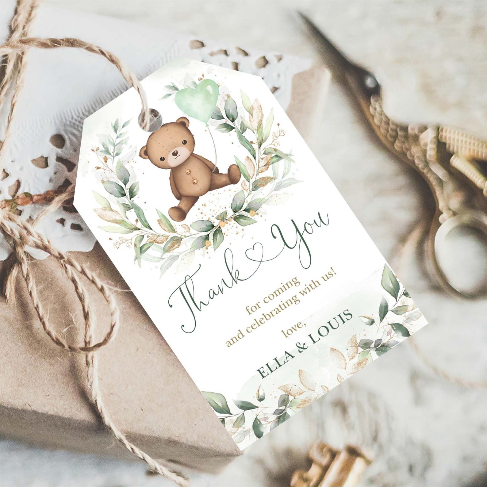 Teddy Bear Favor Tag Greenery Gold Birthday Thank You Tags - Etsy