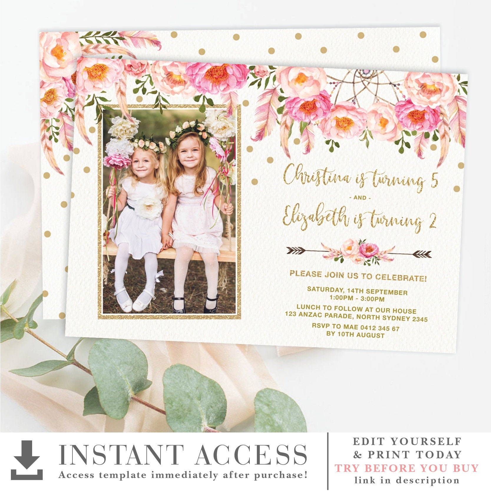 Floral Sibling Birthday Invitation. Joint Birthday Party Invite. Pink ...