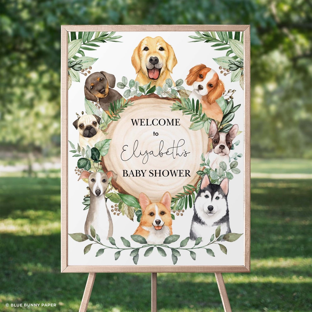 Dog Baby Shower Welcome Sign, Puppy Birthday Printable, Greenery Cute ...