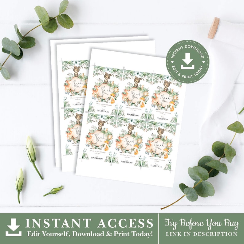 EDITABLE Woodland Favor Tag Greenery Forest Animals Baby - Etsy