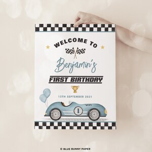 Editable Fast One Birthday Welcome Sign, Blue Vintage Racing Car 1st ...