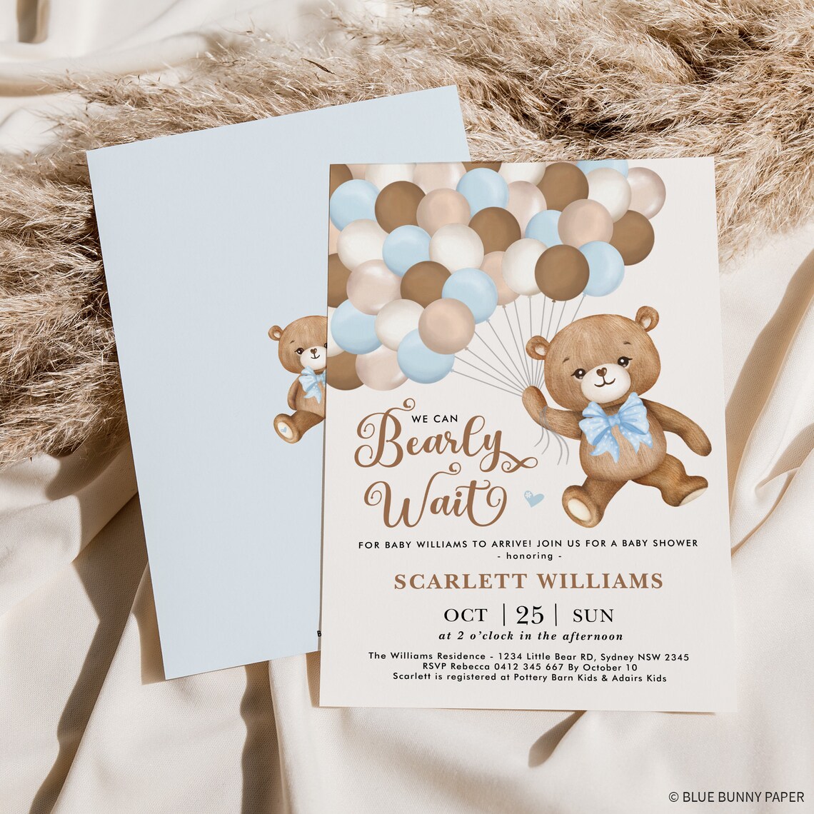 We Can Bearly Wait Baby Shower Invitations, Blue Brown Balloons Teddy ...