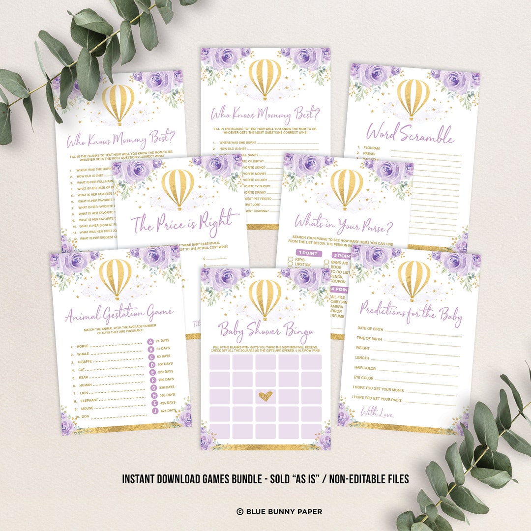 Hot Air Balloon Baby Shower Games Bundle, Purple Gold Adventure ...