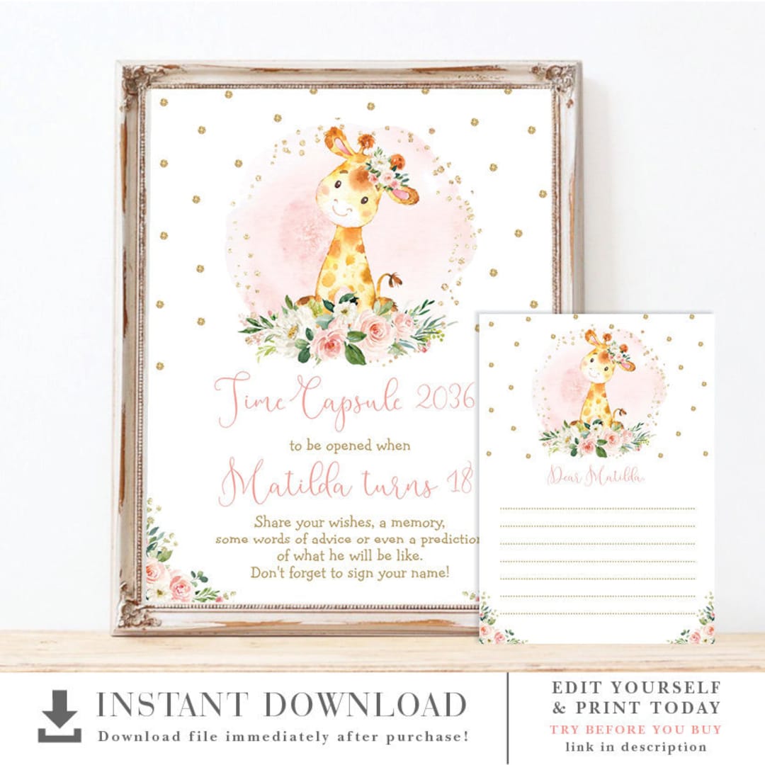 Jungle Giraffe TIME CAPSULE. Pink and Gold First 1st Birthday Party ...