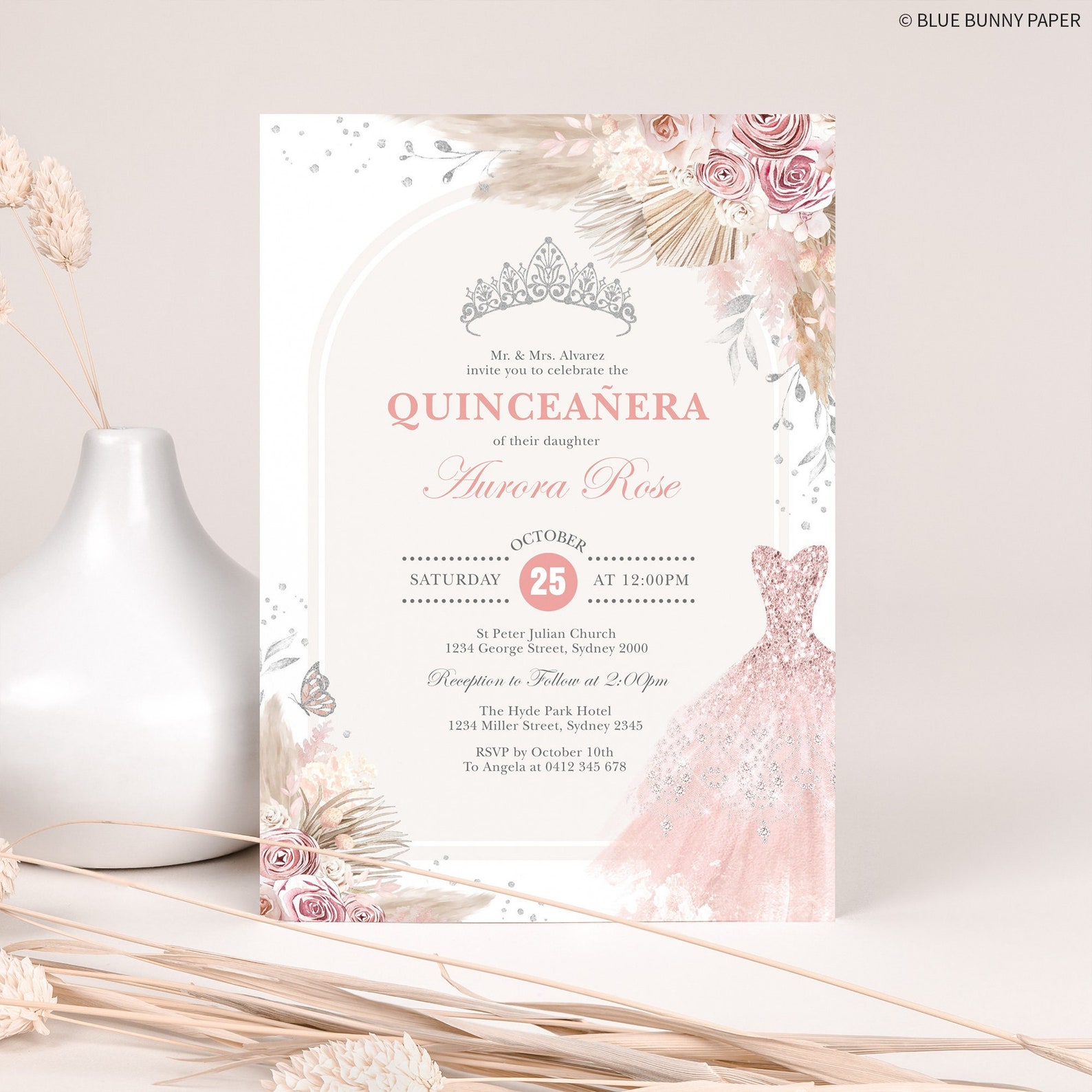 Quinceañera Invitation Editable Template Pink Glitter Dress Floral 15th ...