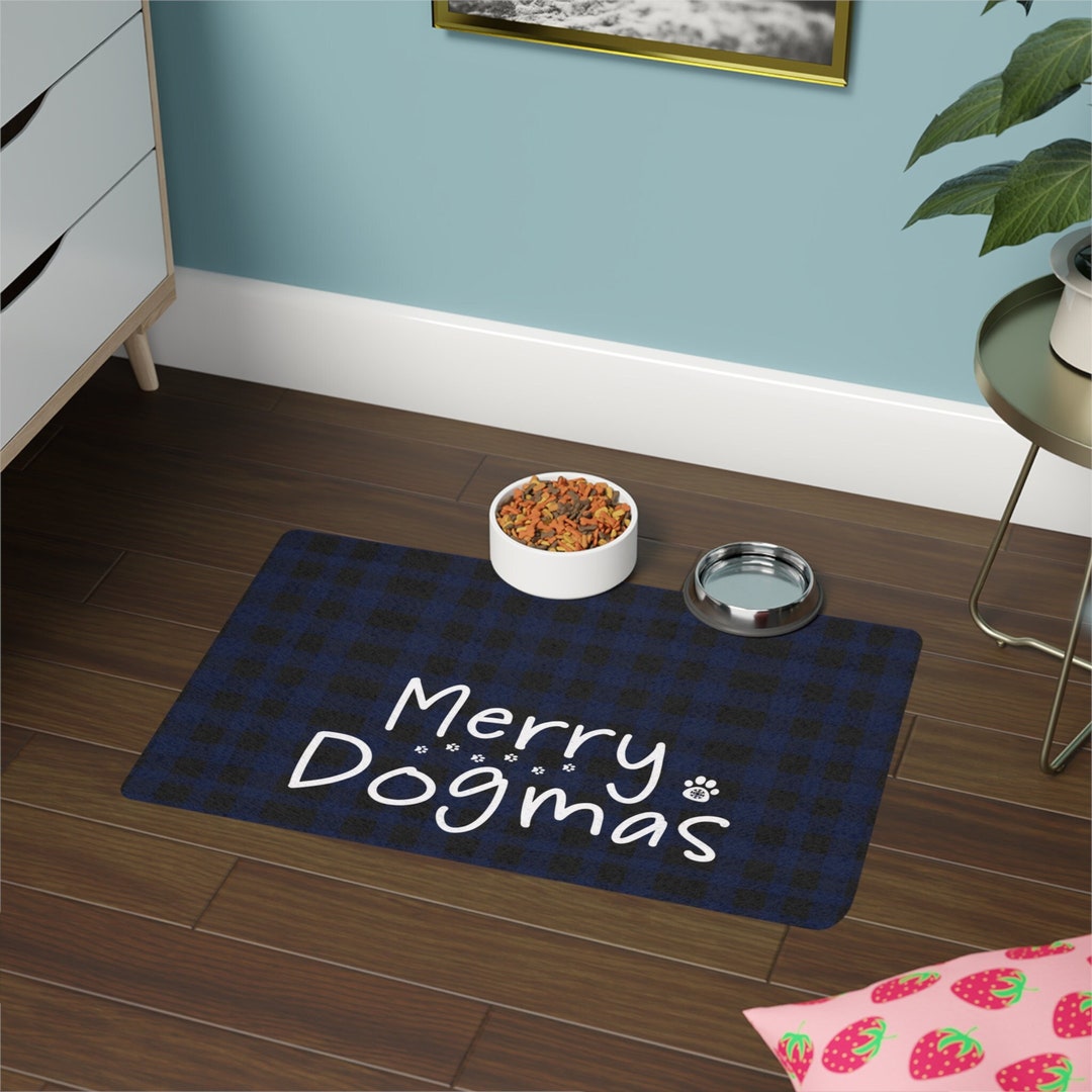 Merry Dogmas Pet Bowl Mat Christmas Dog Placemat Blue Xmas Plaid Dog ...