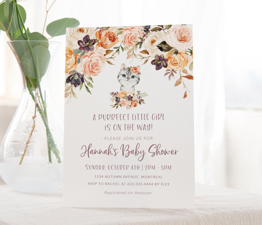 Fall Cat Themed Baby Shower Invitation - Printable 5x7 Invite - Autumn ...
