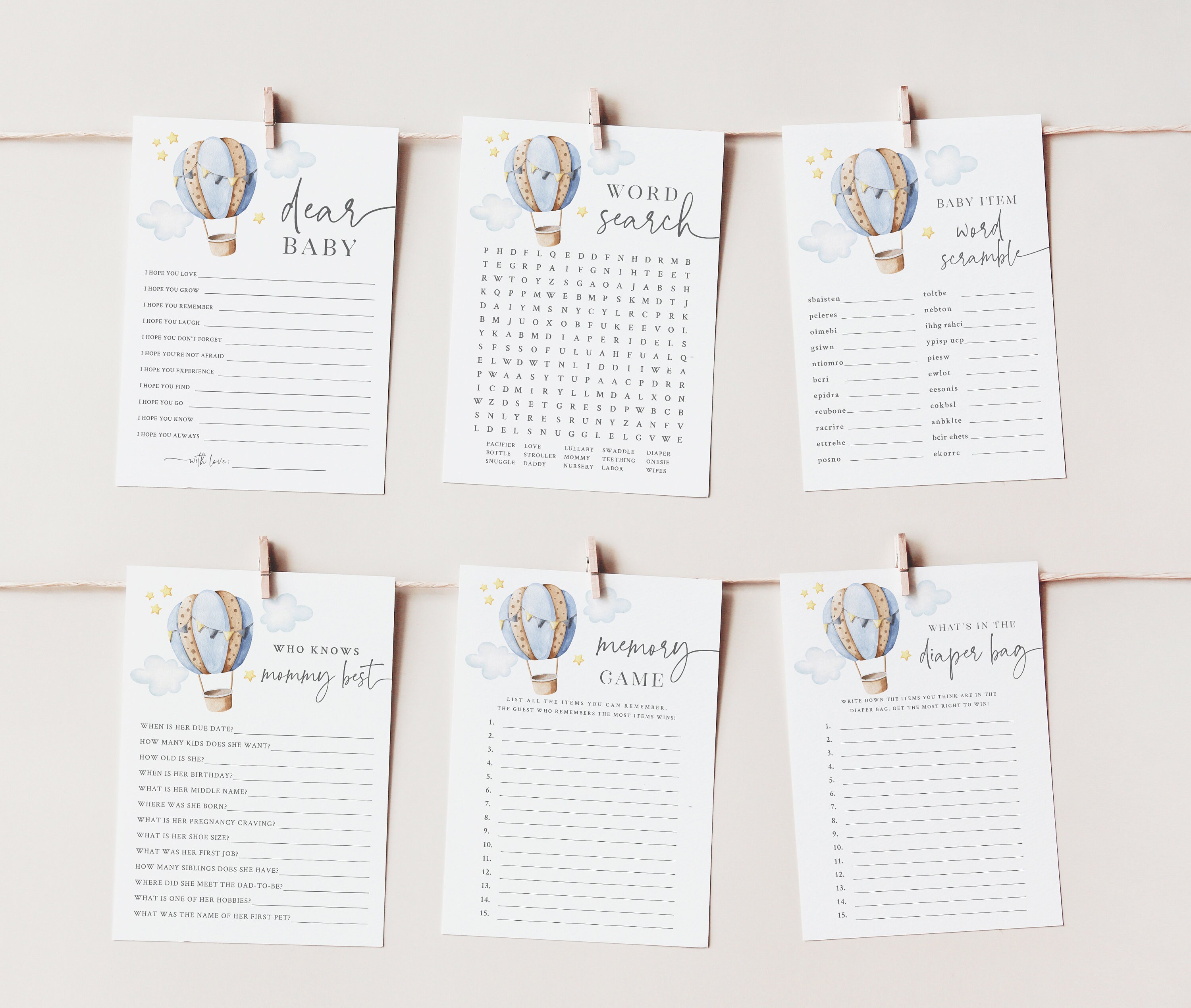 Blue Hot Air Balloon Baby Shower Game Bundle - 25 Printable Games ...