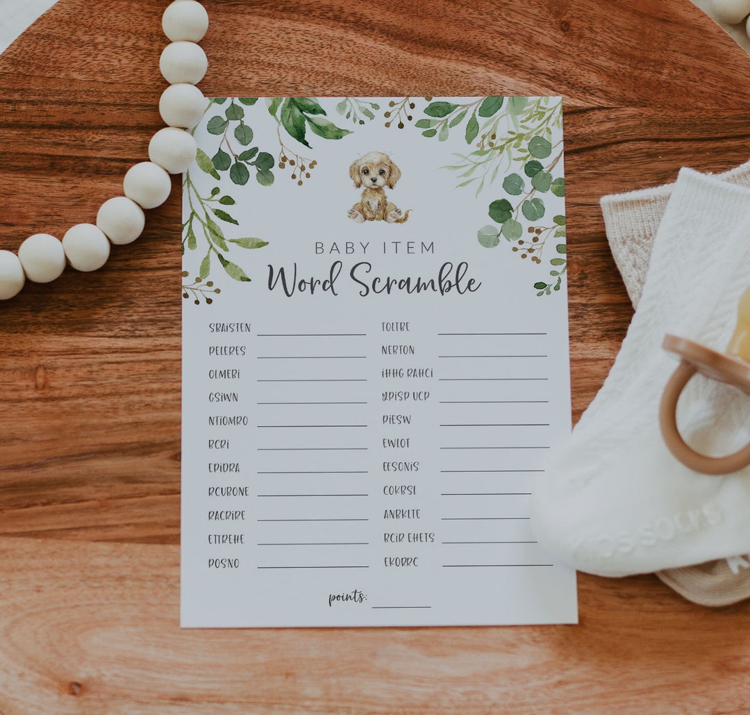 Baby Word Scramble - Boys Baby Shower Games - Puppy Dog Themed Baby ...