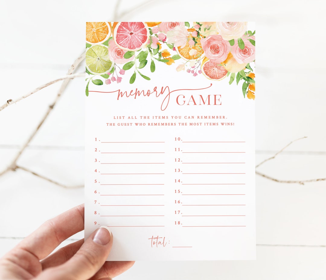 Memory Game Answer Card - Printable Citrus Bridal Shower Memory Game ...