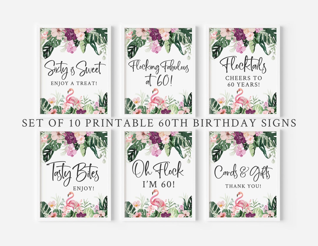 Tropical Flamingo 60th Birthday Party - Set of 10 Printable Signs ...