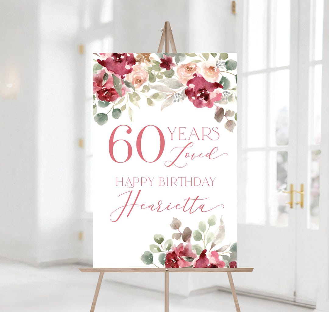 Floral Happy Birthday Welcome Sign | Burgundy and Blush | Any Age ...