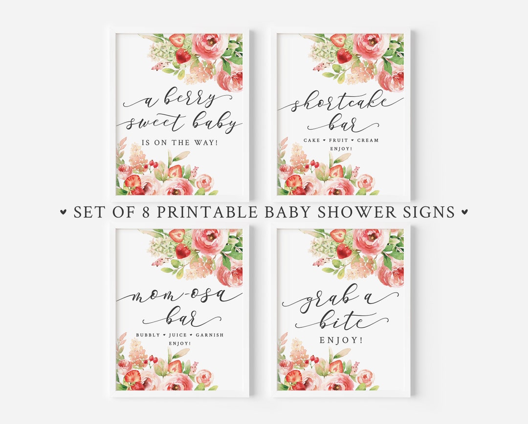 Set of 8 Strawberry Baby Shower Signs - 8x10 Printable Signs - A Berry ...