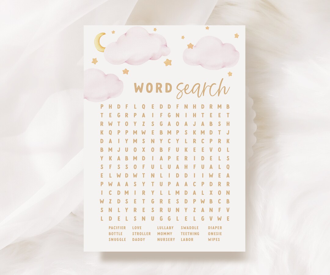 Baby Word Search Game - Pink and Gold Over the Moon Baby Shower ...