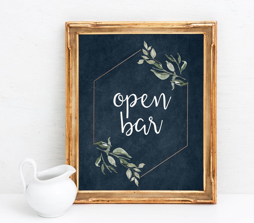 Open Bar Sign - Open Bar Printable - Wedding Bar Sign - Navy Botanical ...